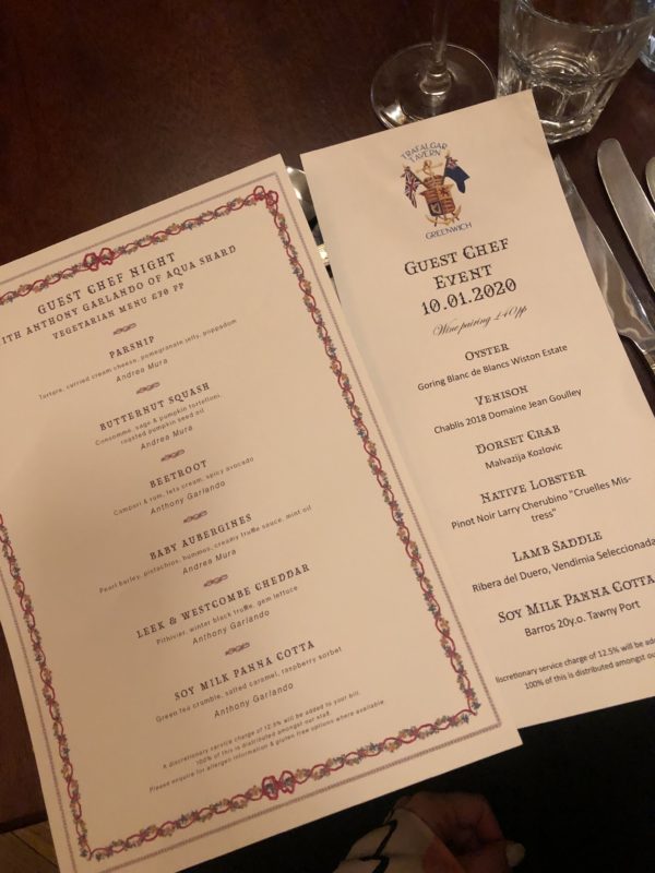 Trafalgar Tavern serves divine vegan entrees, execellent wine pairings